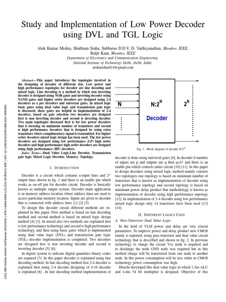 Study and Implementation of Low Power Decoder Using DVL and TGL Logic | PDF