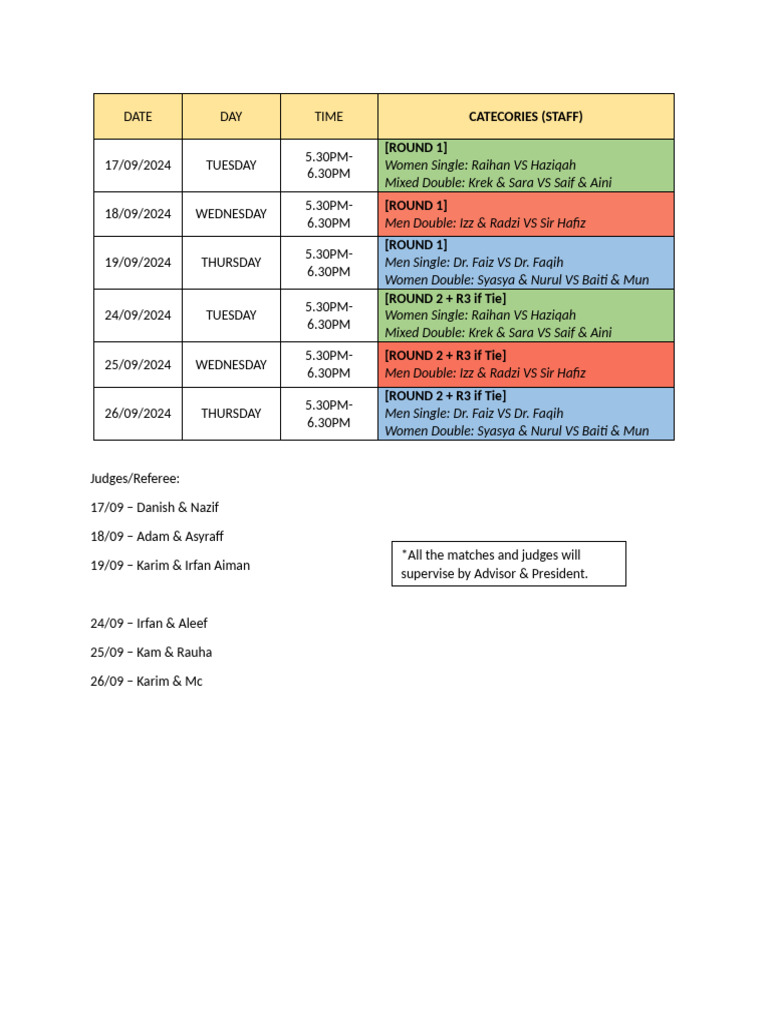 Ping Pong Time Table Staff 2024 | PDF