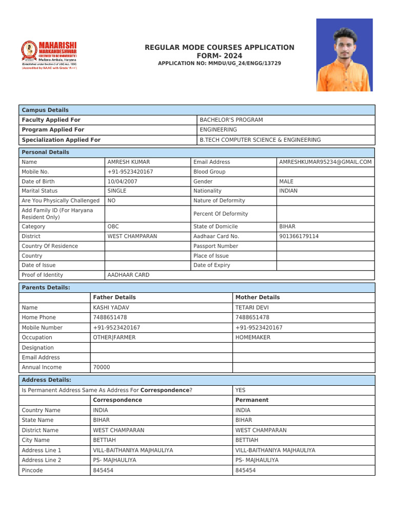 Application Form MMDU UG 24 ENGG 13729 | PDF