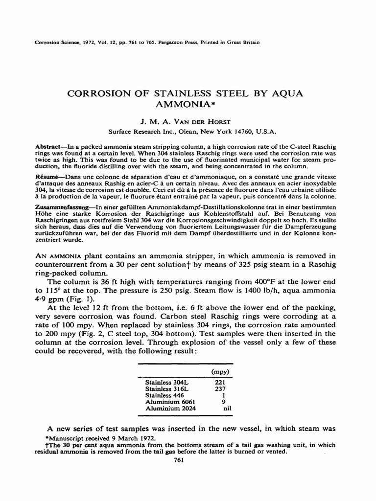 Corrosion of Stainless Steel by Aqua Ammonia | PDF