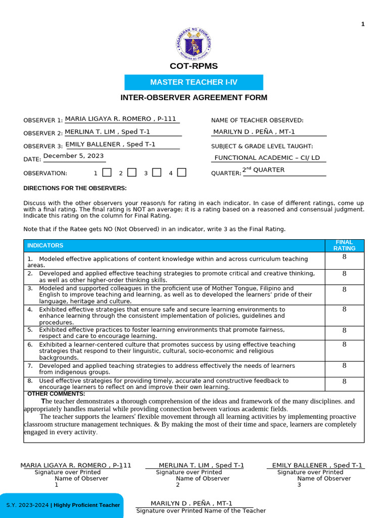 COT Inter Agreement Form PENA 2nd Quarter | PDF