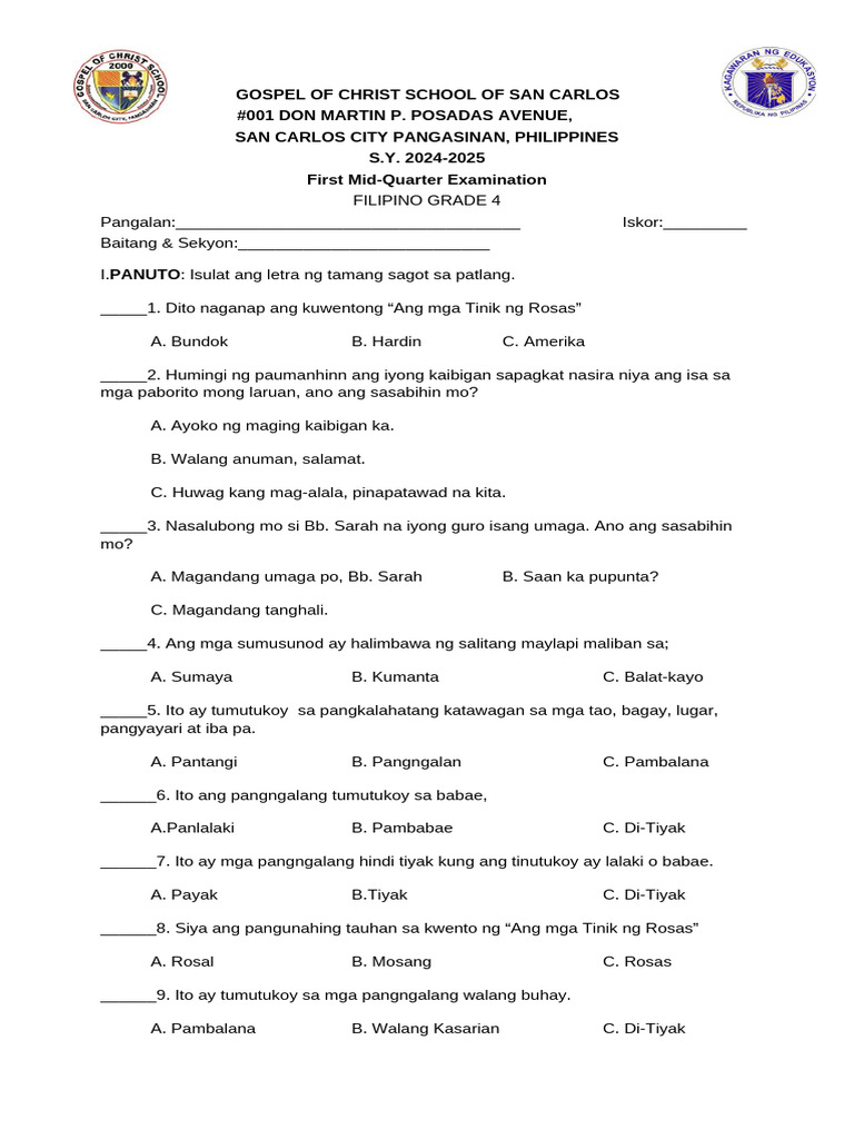 First Mid-Quarter Exam - Filipino | PDF