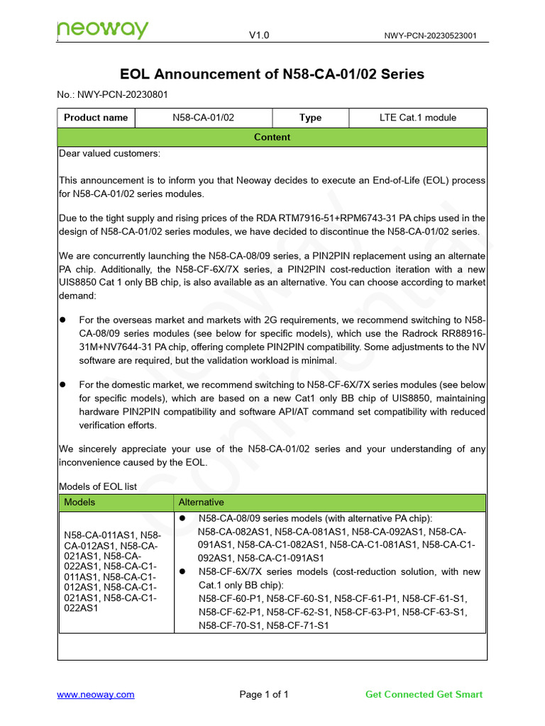 Neoway EOL Announcement of N58-CA Series (For India) | PDF