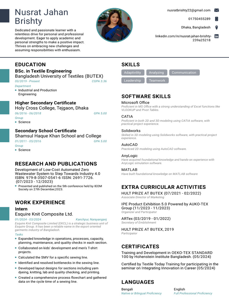 Nusrat Jahan Brishty UPDATED RESUME | PDF | Textiles