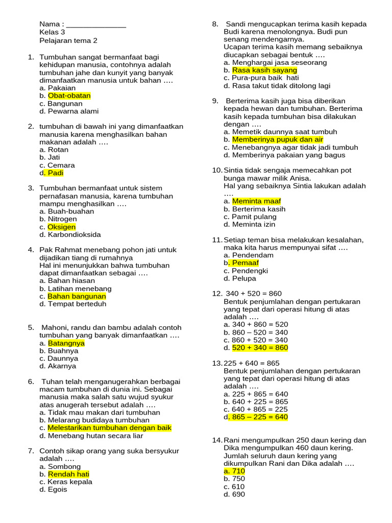 Soal Pas Tema 2 Kelas 3 2022 | PDF