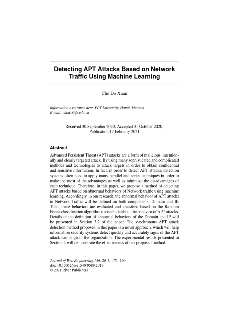 Detecting Apt Attacks Based On Network Traffic Using Machine Learning Pdf