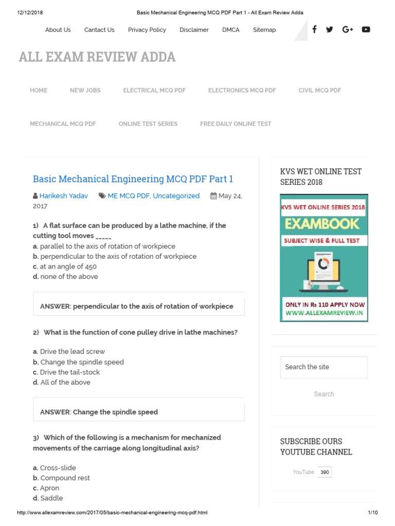 Basic Mechanical Engineering MCQ PDF Part 1 - All Exam Review Adda | PDF | Deformation ...