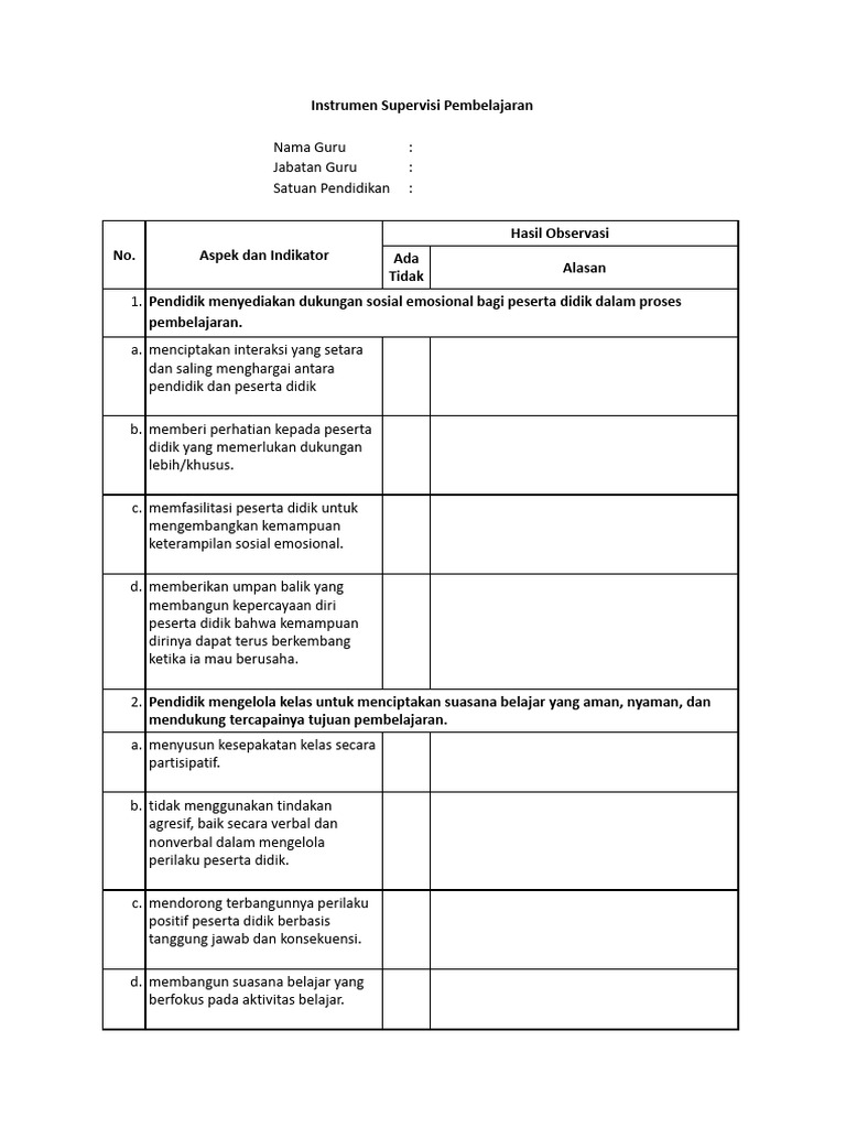 Instrumen Supervisi Pembelajaran | PDF