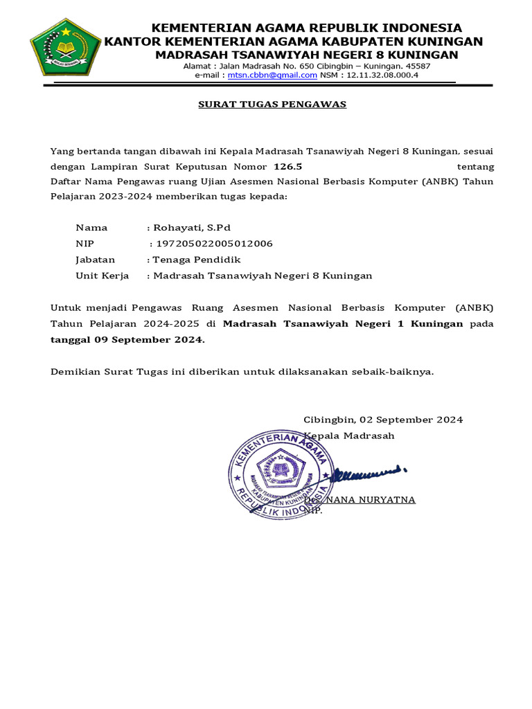 Surat Tugas Pengawas Anbk 2024-Ibu Rohayati | PDF