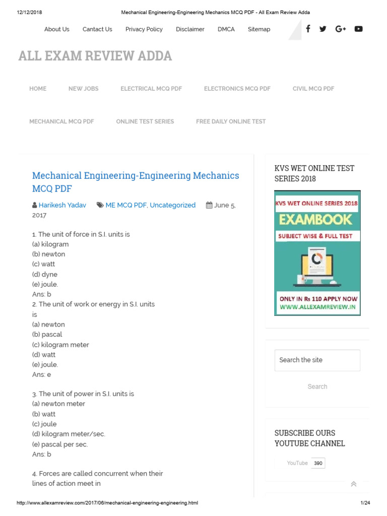 Mechanical Engineering-Engineering Mechanics MCQ PDF - All Exam Review Adda | PDF