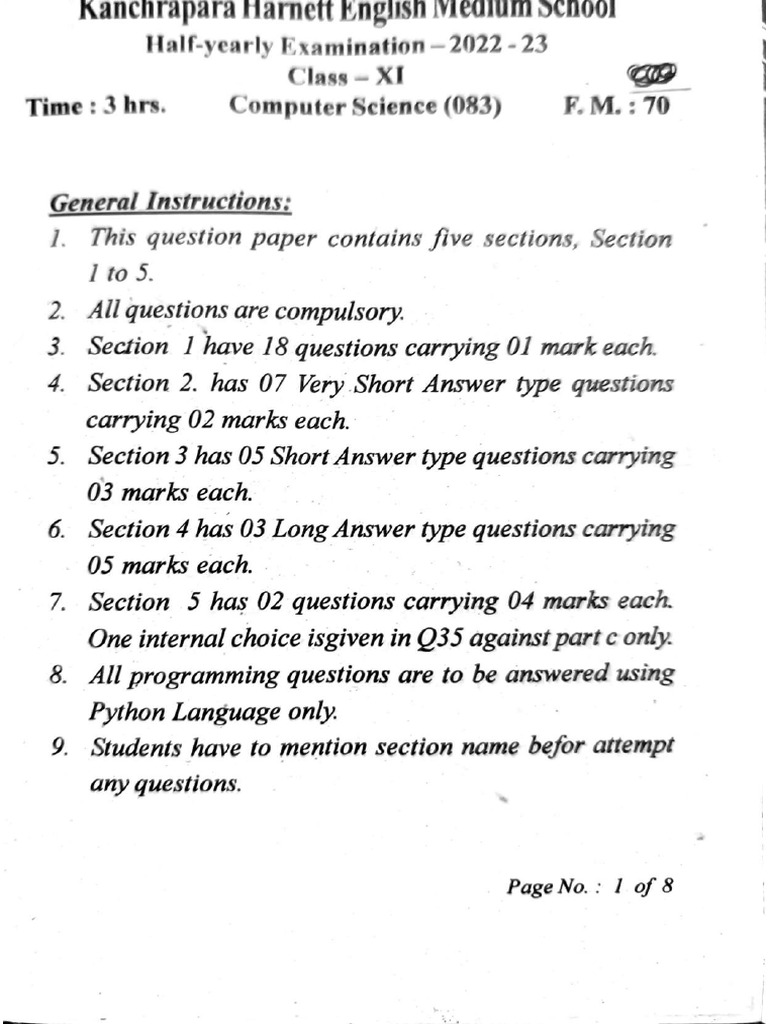 Class XI Computer Science (CBSE) Half Yearly Exam PDF | PDF