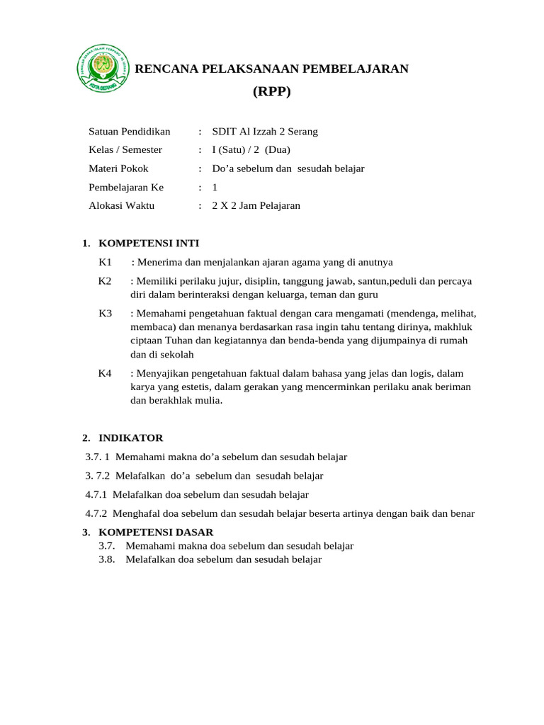 5 RPP Do'a Sebelum Dan Sesudah Belajar | PDF