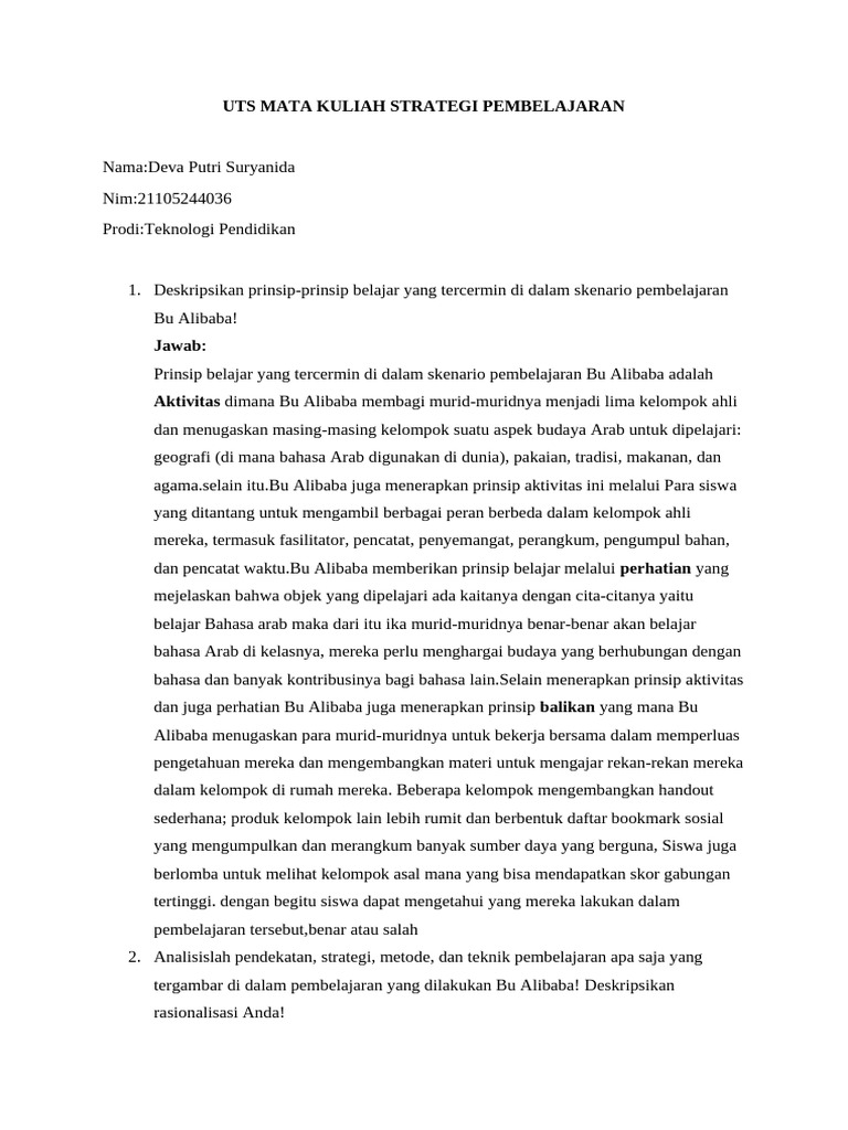 Uts Mata Kuliah Strategi Pembelajaran | PDF