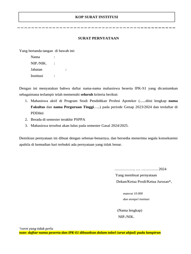 Template Surat Pernyataan PSPPA | PDF