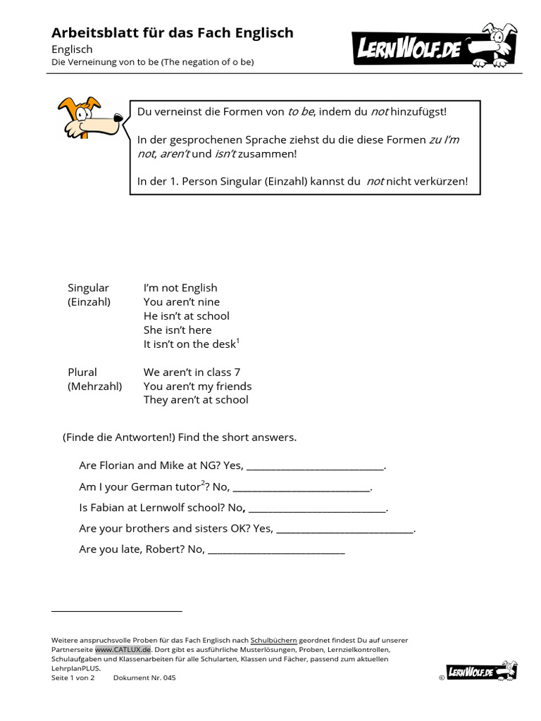 Verneinung To Be Ubungen Pdf