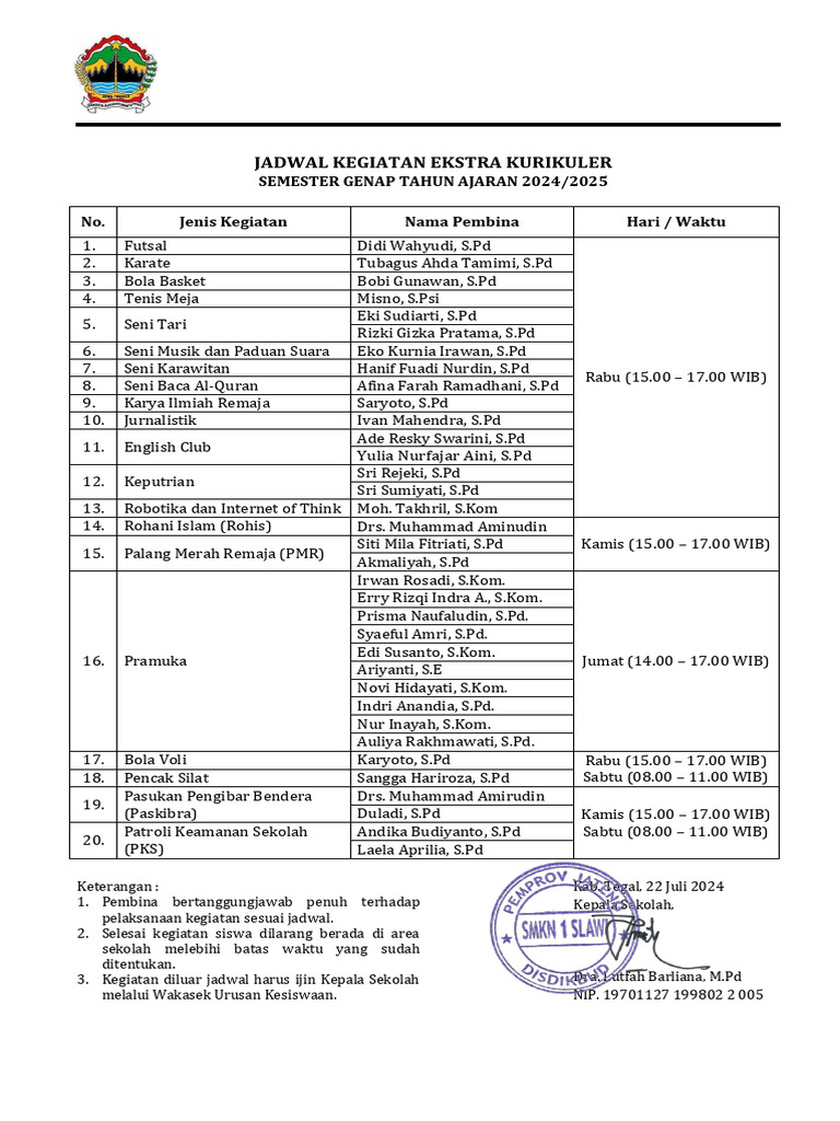 Jadwal Kegiatan Ekskul 24-25 | PDF