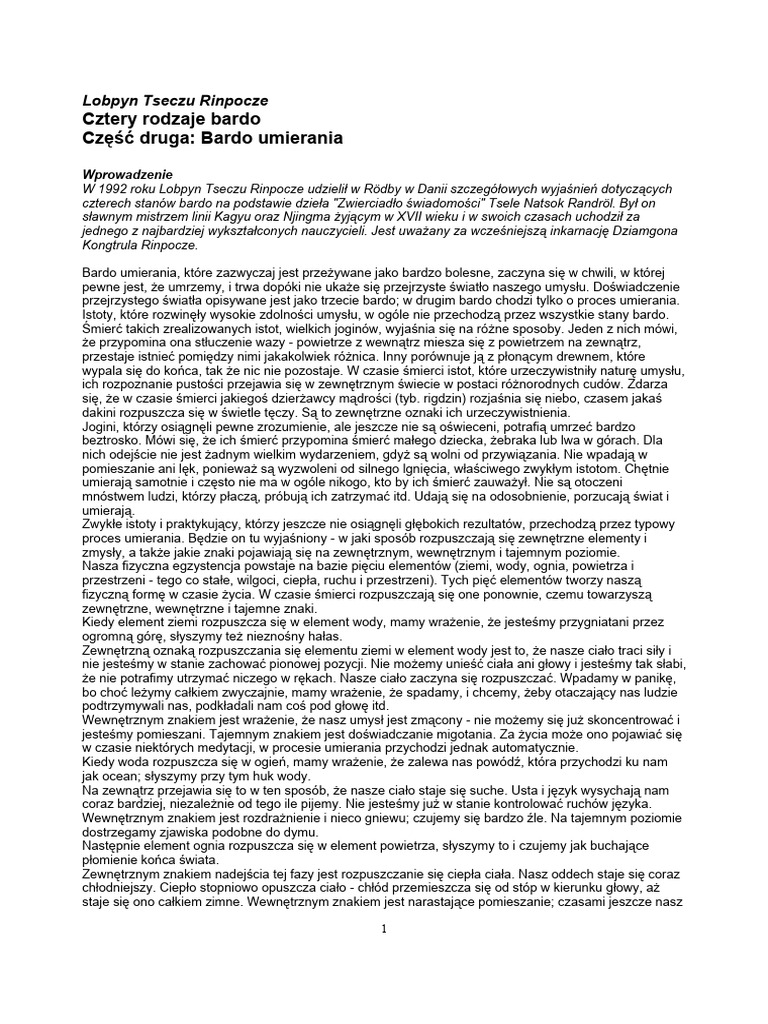 Biblioteka Buddyjska - Lopdyn Tseczu Rinpocze - 4 Rodzaje Bardo Cz. 2 - Bardo Umierania | PDF