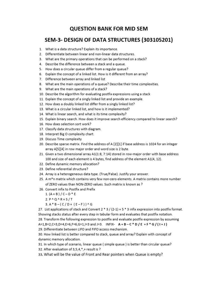 DDS Question Bank For Mid Sem | PDF | Queue (Abstract Data Type) | Time Complexity