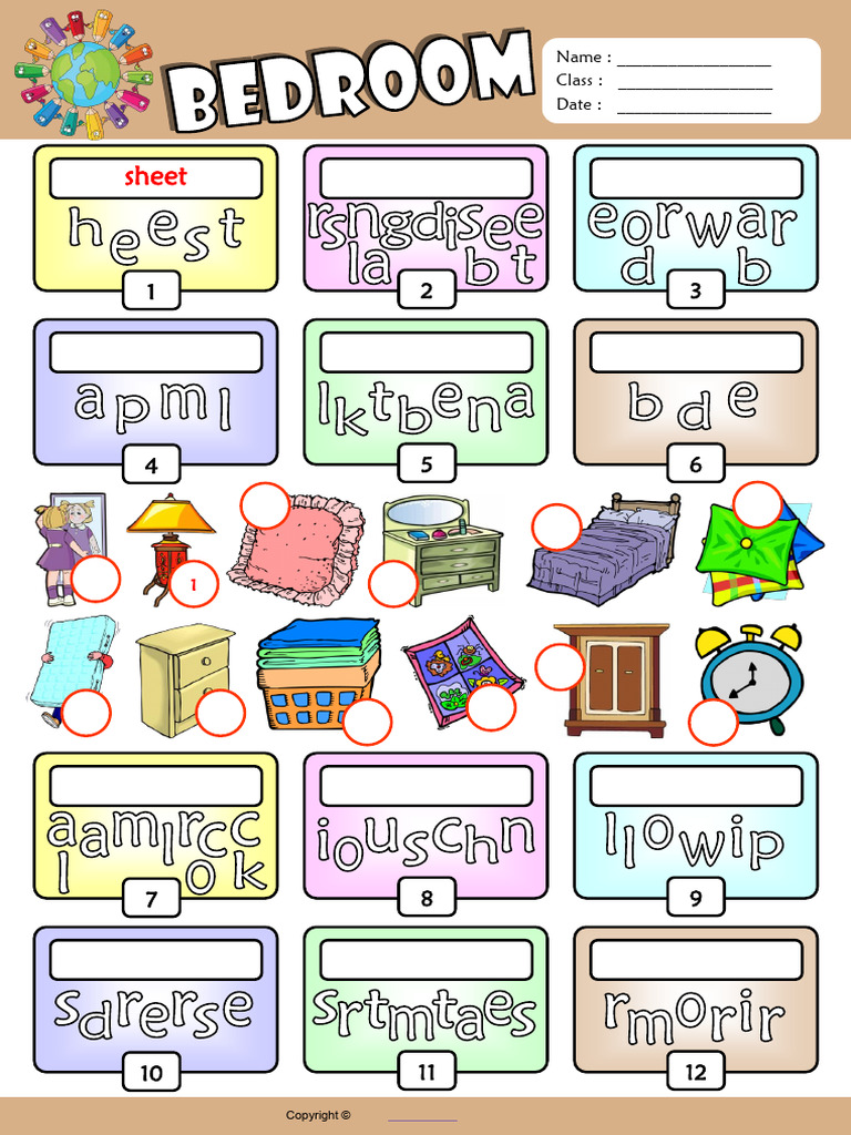 Bedroom Esl Vocabulary Unscramble The Words Worksheet For Kids | PDF