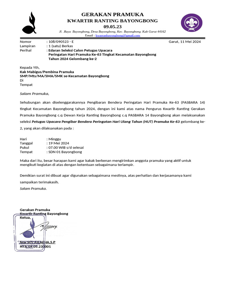 Edaran Seleksi Pasbara 14 Kwartir Ranting Bayongbong Gelombang Ke-2 | PDF
