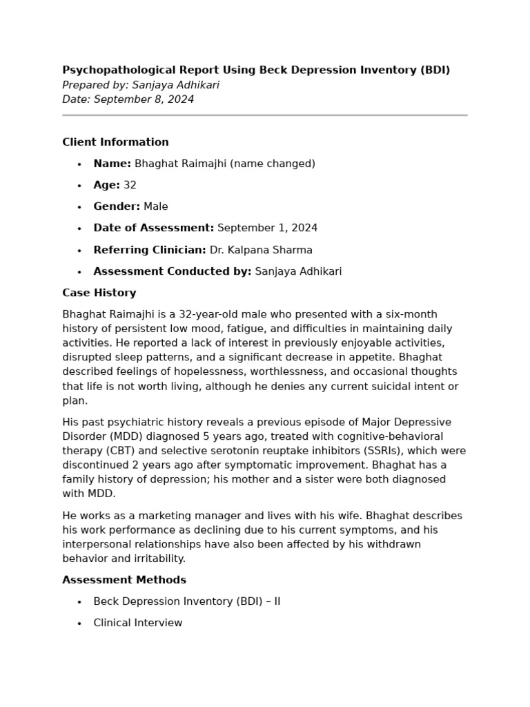 Psychopathological Report Using Beck Depression Inventory | PDF