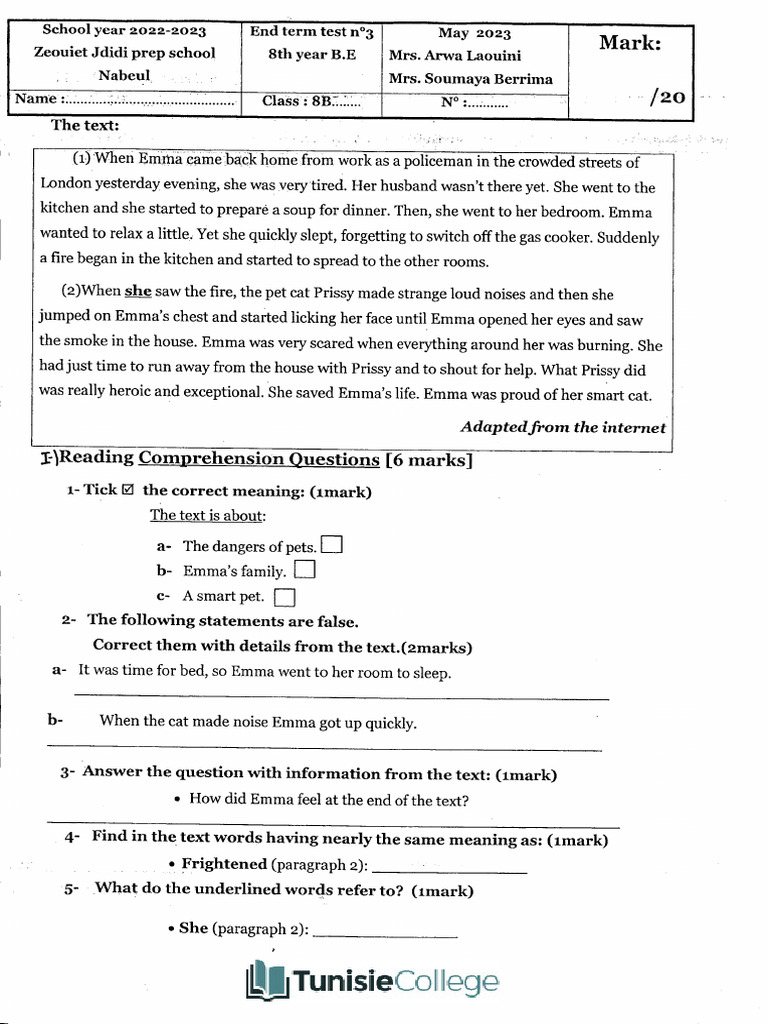 Devoir de Synthèse N°3 - Anglais - 8 Ème (2023-2022) Mrs Houji Saida Berrima Soumaya | PDF