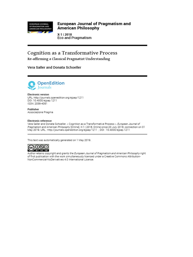 Cognition As A Transformative Process-Classical Pragmatism Understanding | PDF | Pragmatism ...
