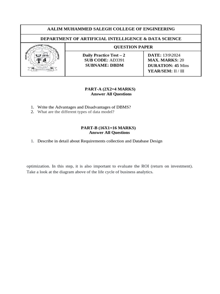 DPT 2 -DBDM Question Paper | PDF