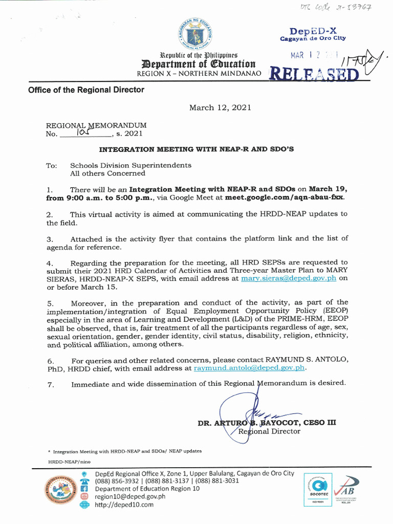 RM - 105 - Integration Meeting With NEAP-R and SDO's | PDF