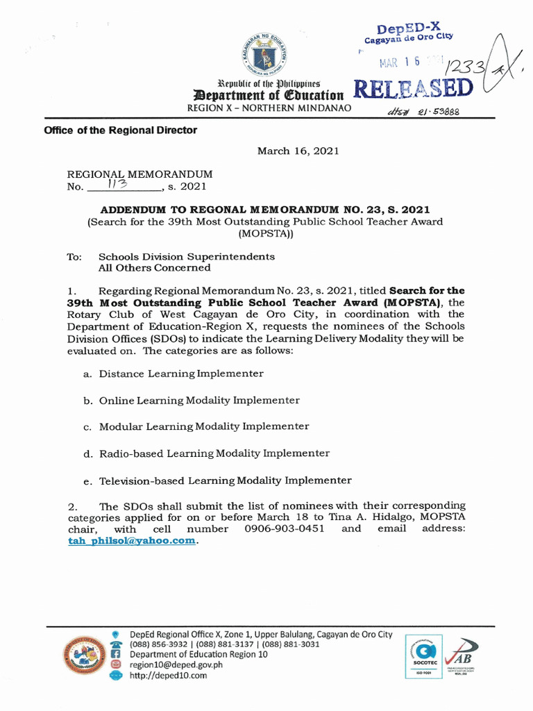 RM - 113 - Addendum To Regional Memorandum No. 23, S. 2021 | PDF