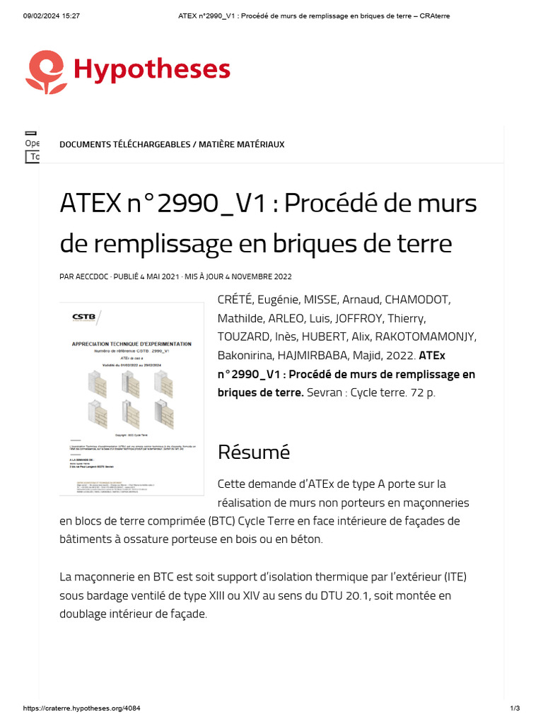 ATEX N°2990 - V1 - Procédé de Murs de Remplissage en Briques de Terre - CRAterre | PDF