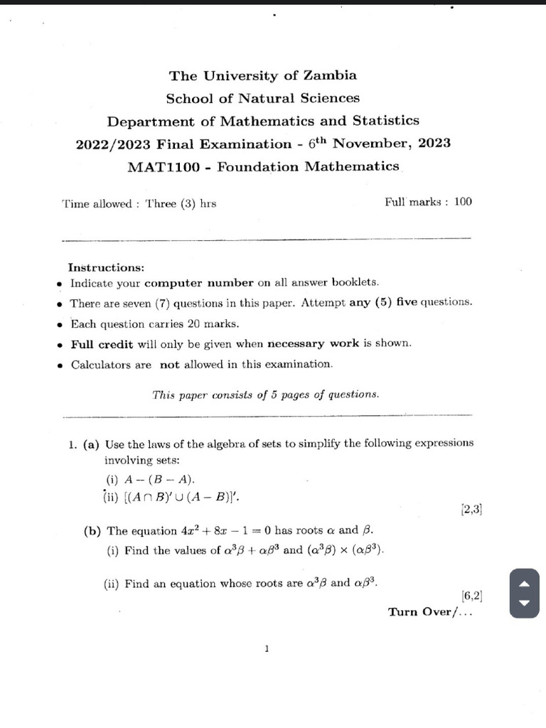 Math 1100 (2023 Exam) Unza Link | PDF