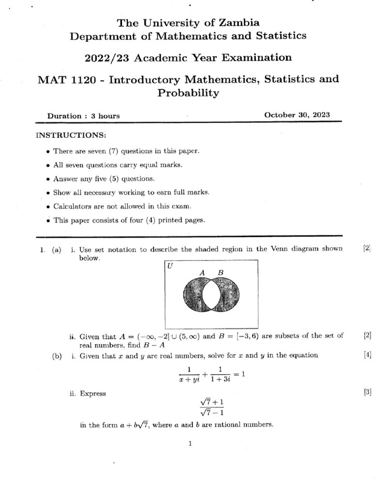Math 1120 (2023 Exam) Unza Link | PDF