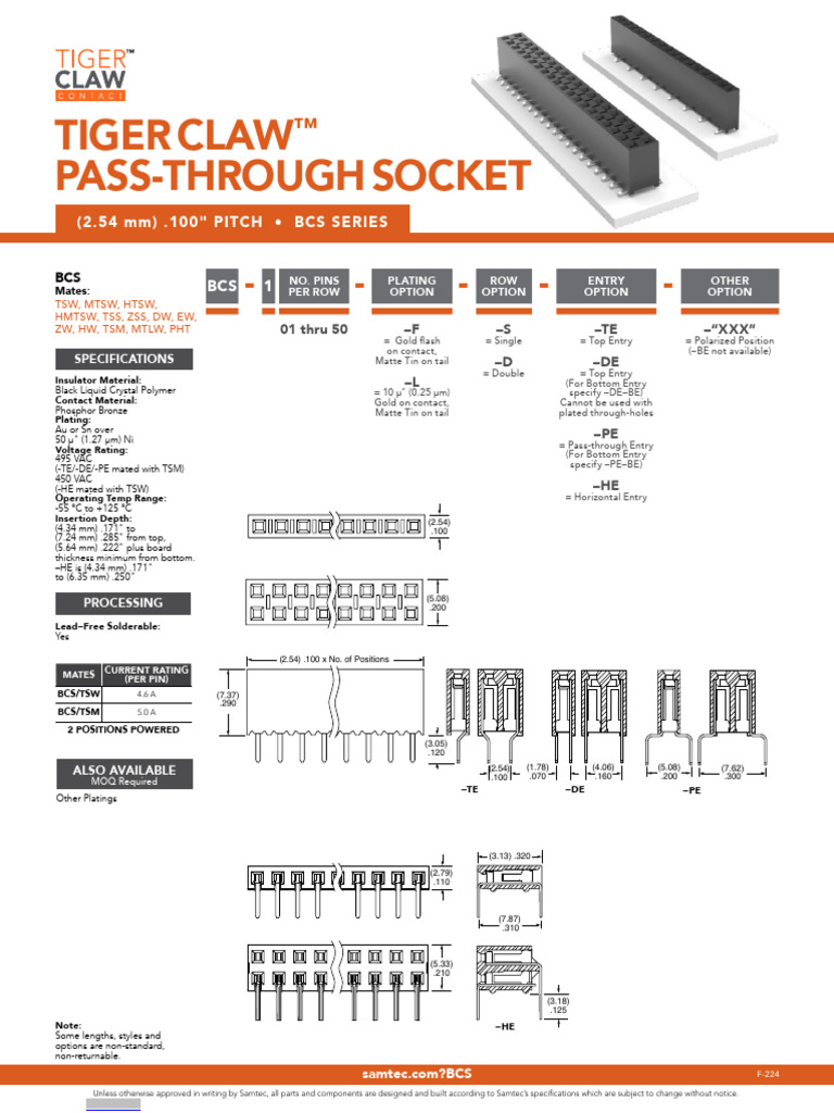 Tiger Claw Pass-Through Socket: (2.54 MM) .100" PITCH - BCS SERIES | PDF