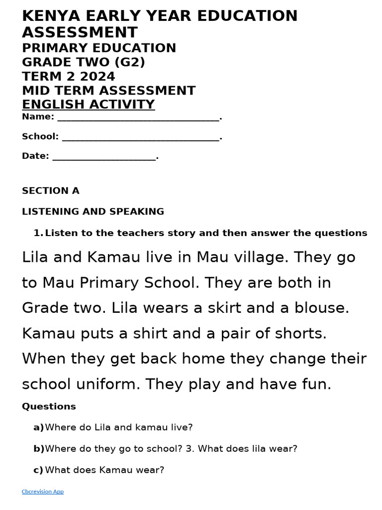 Grade 2 English Midterm 2 Exams | PDF