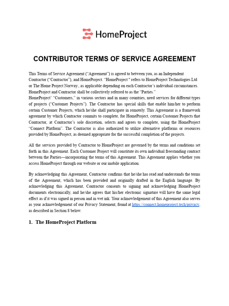 Contributor Terms of Service Agreement: 1. The Homeproject Platform | PDF | Indemnity | Finance ...