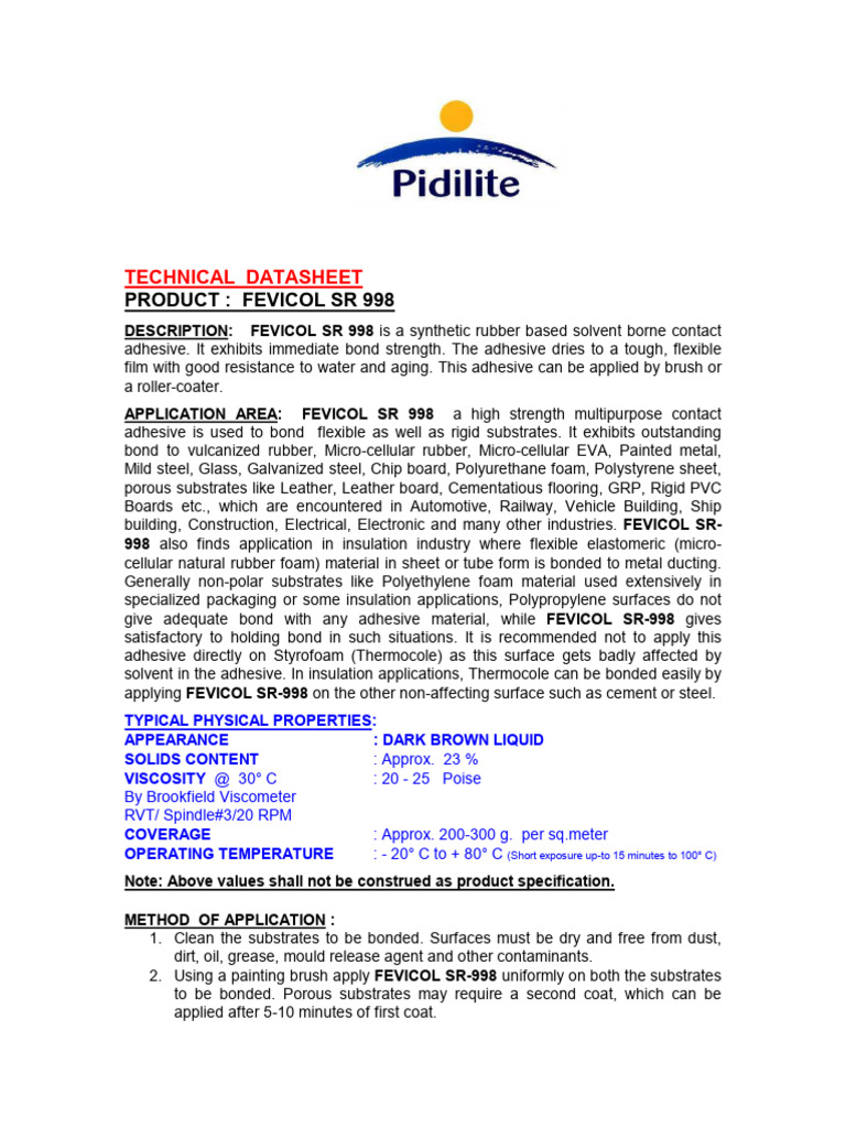 Fevicol SR 998 Synthetic Rubber Adhesive 1 Litre | PDF