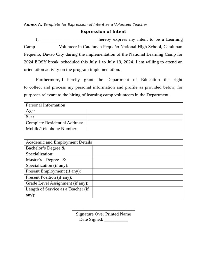 Template For Expression of Intent As A Volunteer Teacher | PDF