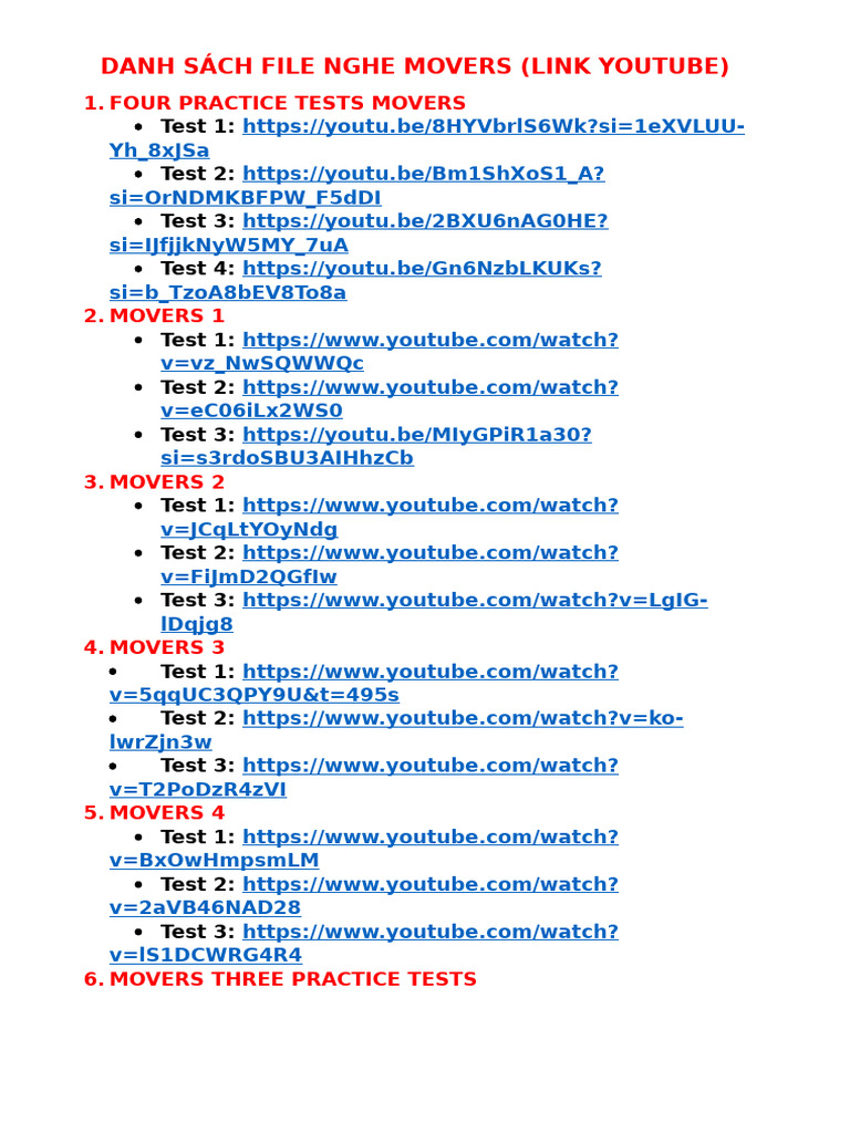 Danh Sách File Nghe Movers (Link Youtube) | PDF