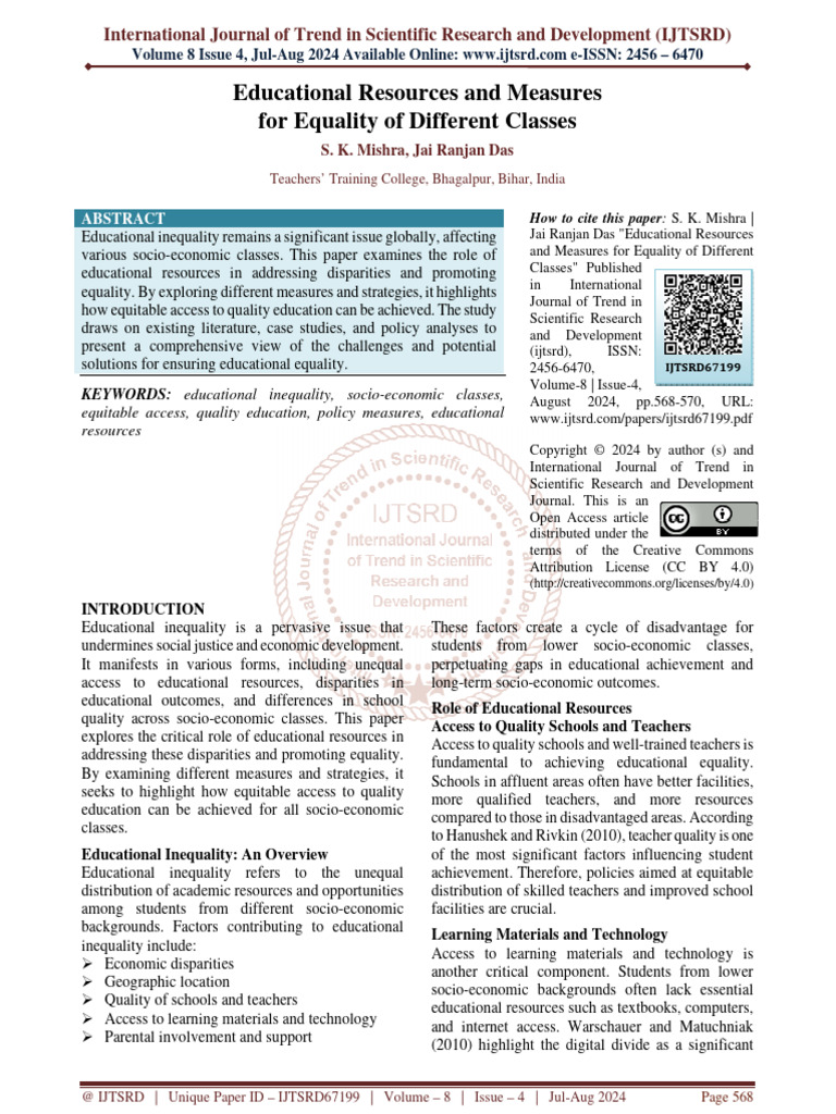 Educational Resources And Measures For Equality Of Different Classes