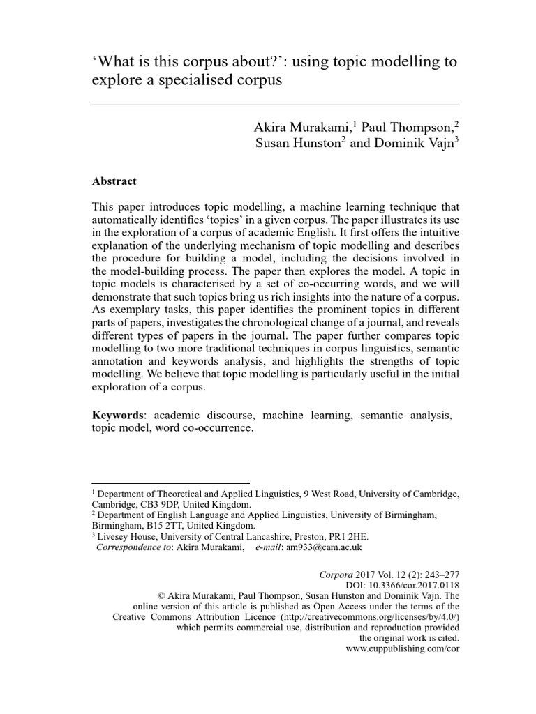 Murakami Et Al 2017 What Is This Corpus About Using Topic Modelling To Explore A Specialised ...
