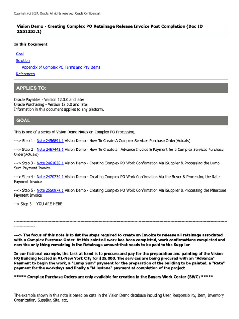 Vision Demo - Creating Complex PO Retainage Release Invoice Post Completion (Doc ID 2551353.1) | PDF