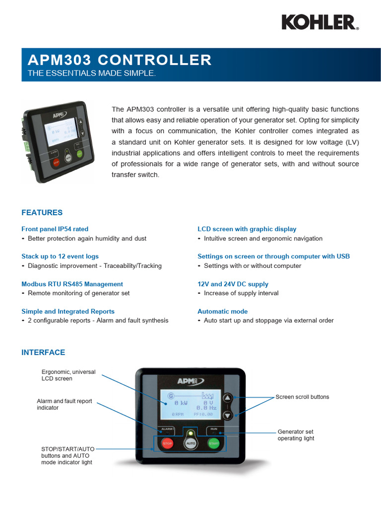 Kohler Controller APM303 | PDF | Electric Generator | Switch