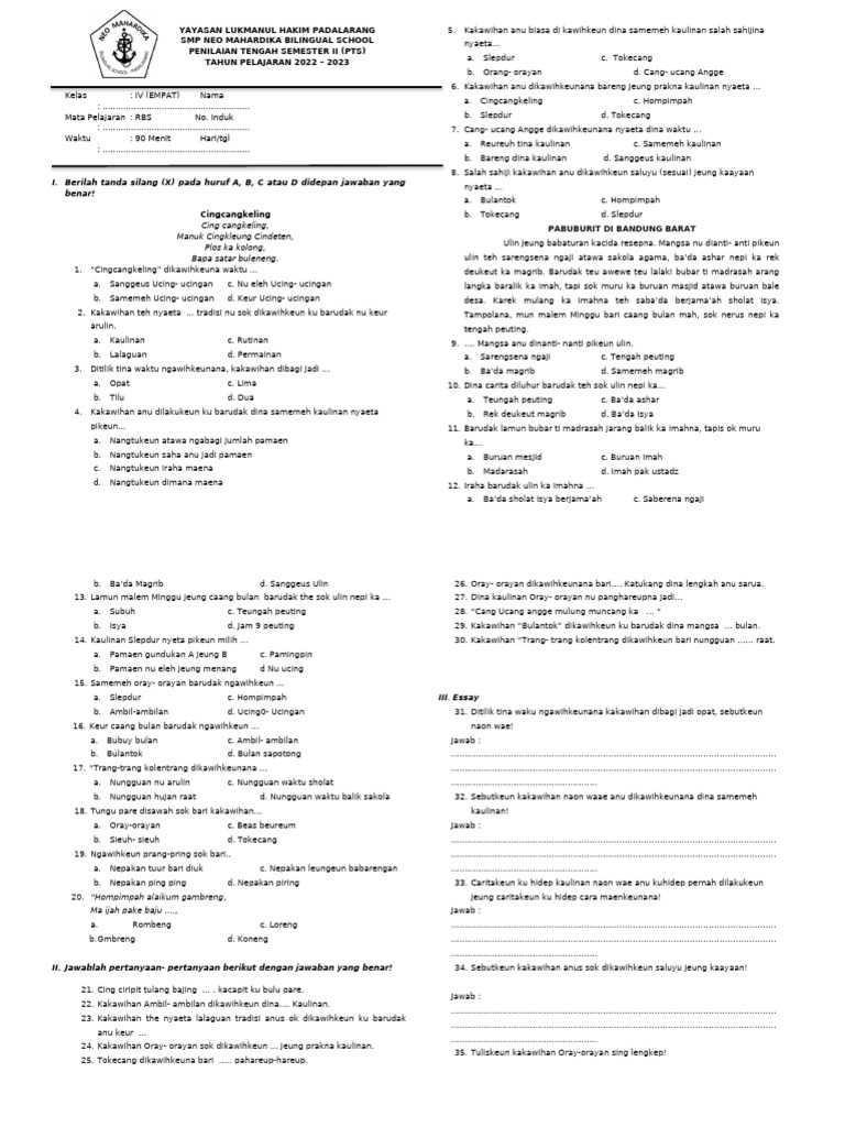 SOAL PTS Sem II RBS KELAS 4 | PDF