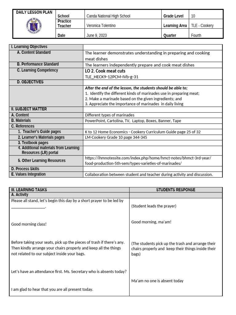 Detailed LESSON PLAN TOLENTINO | PDF
