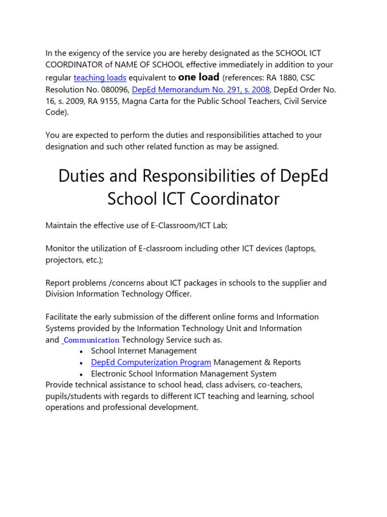 School Ict Coordinator Duties And Responsibilities Pdf