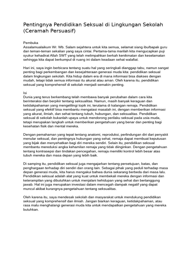Pentingnya Pendidikan Seksual di Lingkungan Sekolah (ceramah persuasif frans) | PDF