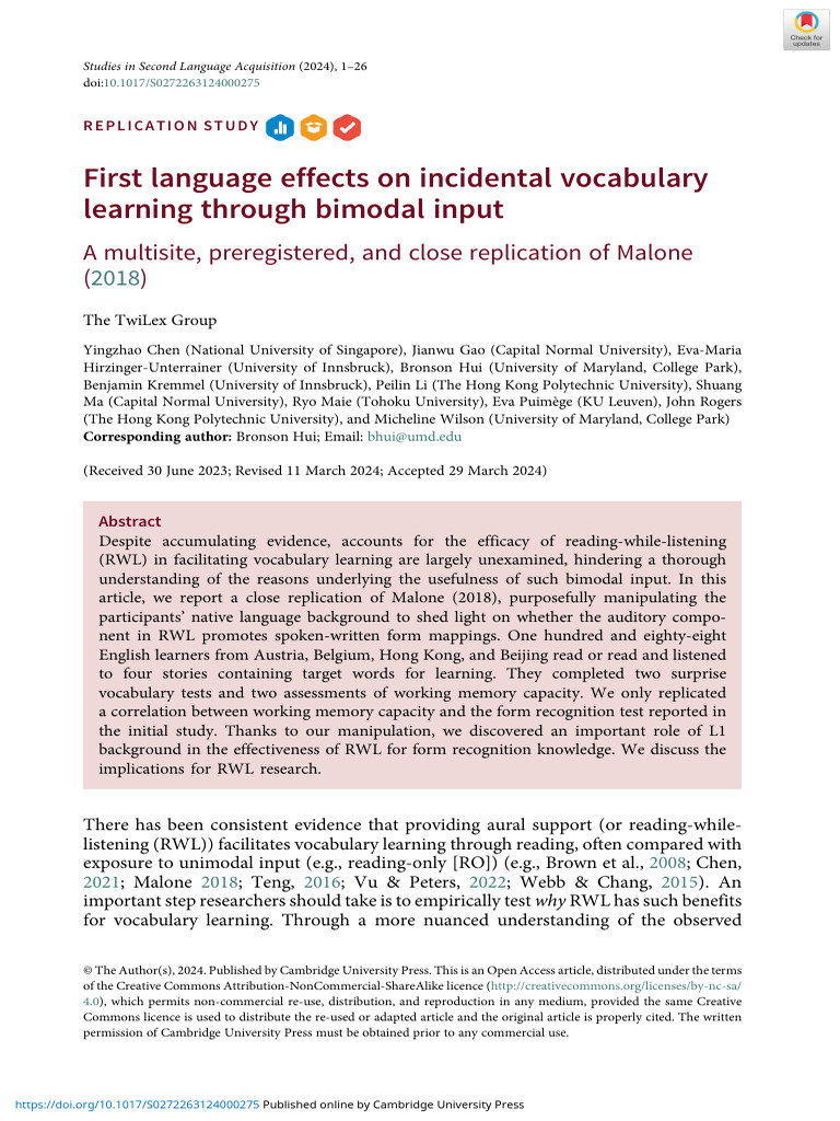 First Language Effects On Incidental Vocabulary Learning Through ...