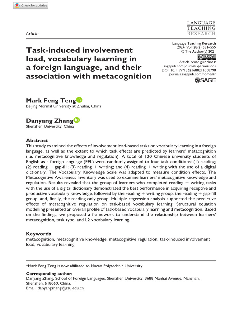 Teng Zhang 2021 Task Induced Involvement Load Vocabulary Learning in A Foreign Language and ...