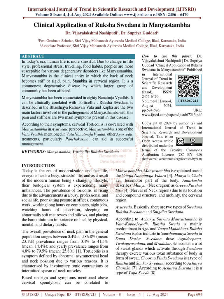 Clinical Application of Ruksha Swedana in Manyastambha | PDF | Ayurveda